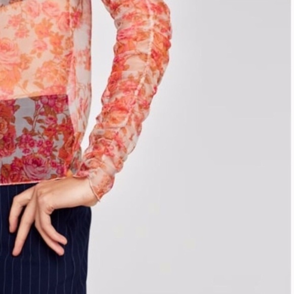 Zara | Tops | Zara Orange Sheer Floral Ruching Long Sleeves | Poshmark